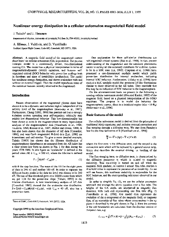(PDF) Nonlinear energy dissipation in a cellular automaton magnetotail ...