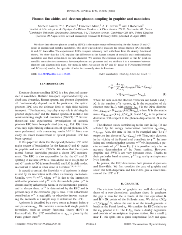 (PDF) Phonon linewidths and electron-phonon coupling in graphite and ...