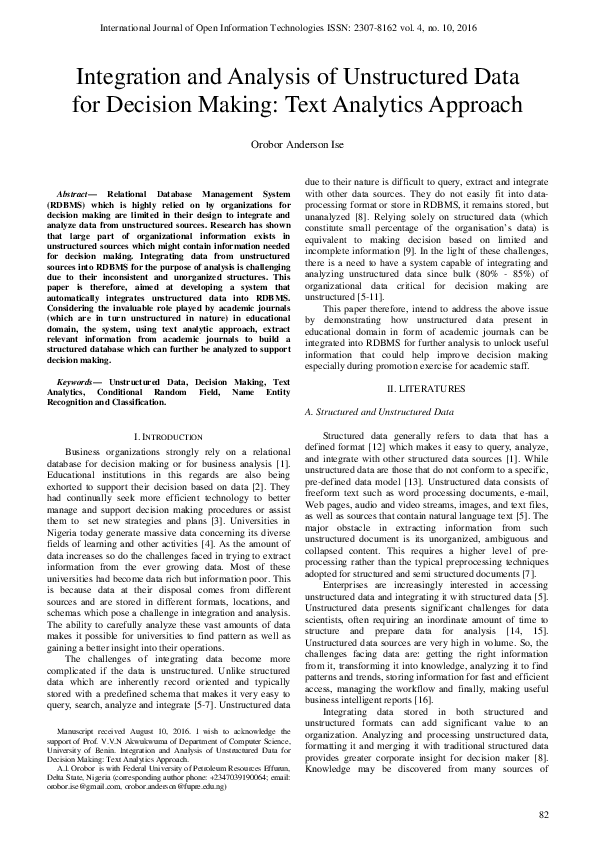 Integration And Analysis Of Unstructured Data For Decision Making Text Analytics Approach