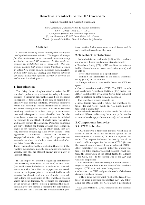 (PDF) A Reactive Architecture for IP Traceback