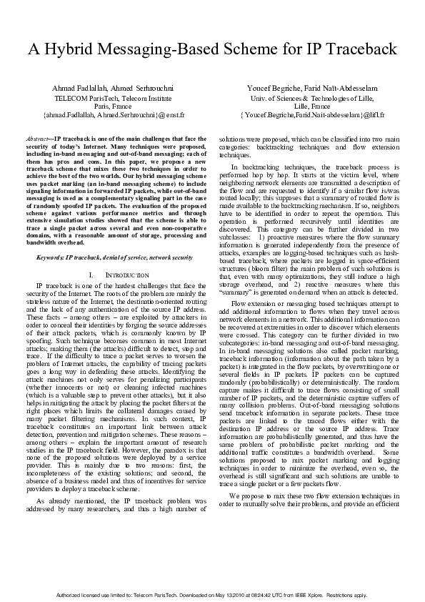 (PDF) A Hybrid Messaging-Based Scheme for IP Traceback