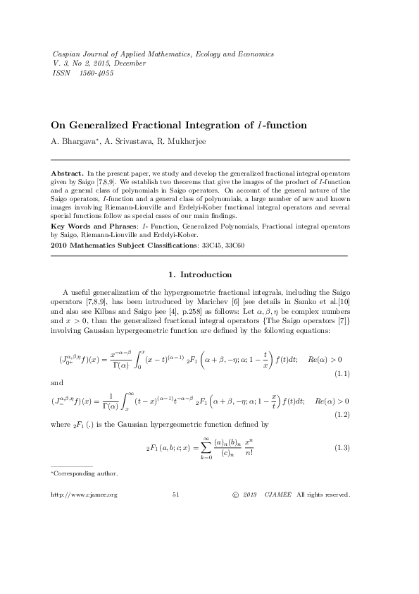 Pdf On Generalized Fractional Integration Of I Function
