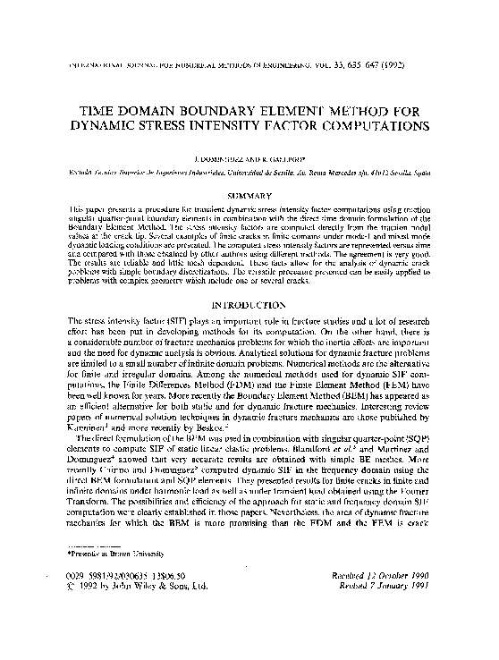 (PDF) Time domain boundary element method for dynamic stress intensity factor computations
