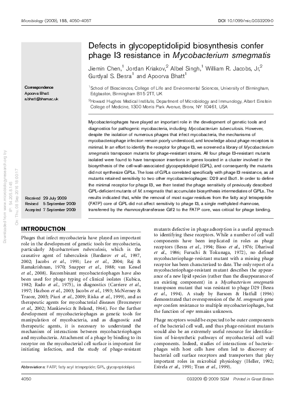 (PDF) Defects in glycopeptidolipid biosynthesis confer phage I3 ...