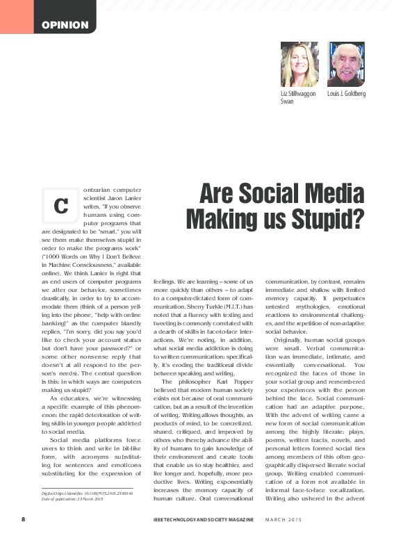 (PDF) Are Social Media Making Us Stupid? [Opinion] | Louis Goldberg ...