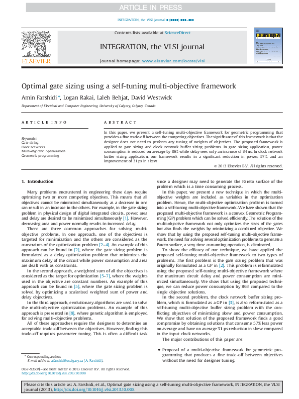 Pdf Optimal Gate Sizing Using A Self Tuning Multi Objective Framework Amin Farshidi