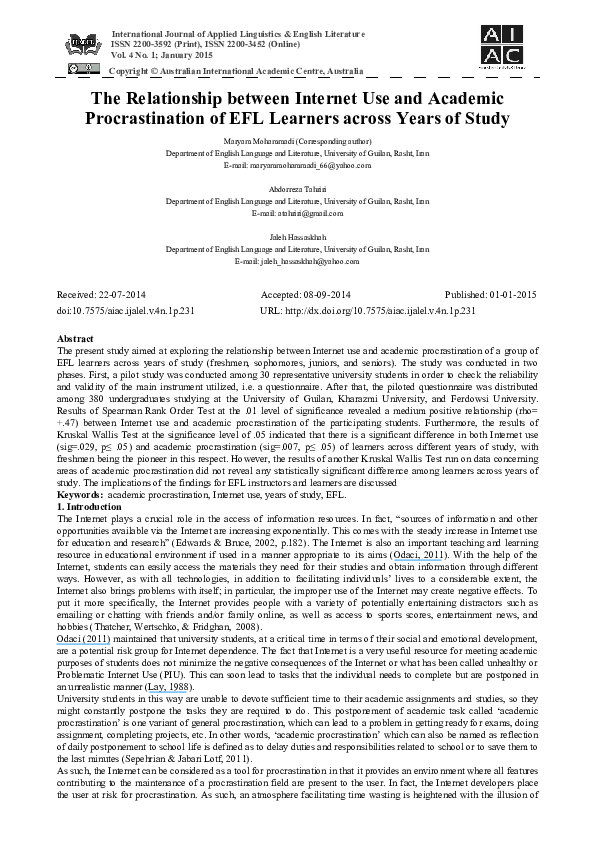 (PDF) The Relationship between Internet Use and Academic Procrastination of EFL Learners across ...