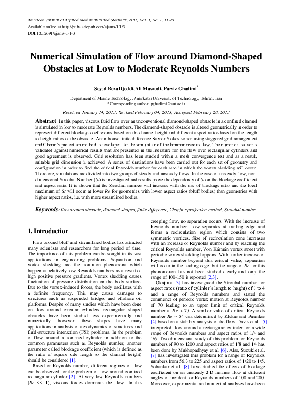(PDF) Numerical Simulation of Flow around Diamond-Shaped Obstacles at Low to Moderate Reynolds ...