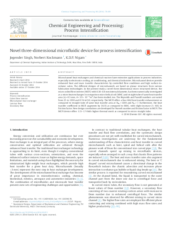 (PDF) Novel three-dimensional microfluidic device for process intensification
