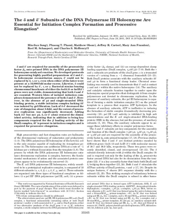 (PDF) The delta and delta ' Subunits of the DNA Polymerase III ...