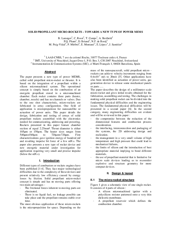 Pdf Solid Propellant Micro Rockets Towards A New Type Of Power Mems