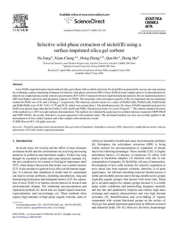 (PDF) Selective solid-phase extraction of nickel(II) using a surface-imprinted silica gel sorbent