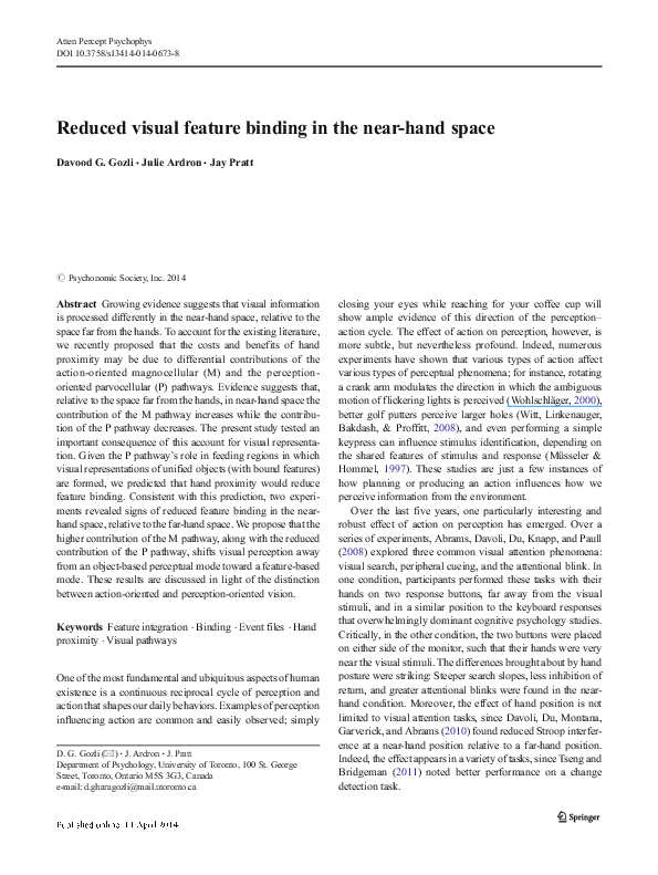 (PDF) Reduced visual feature binding in the near-hand space