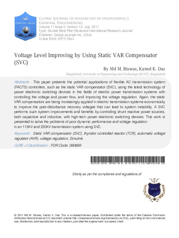 Pdf Voltage Level Improving By Using Static Var Compensator Svc
