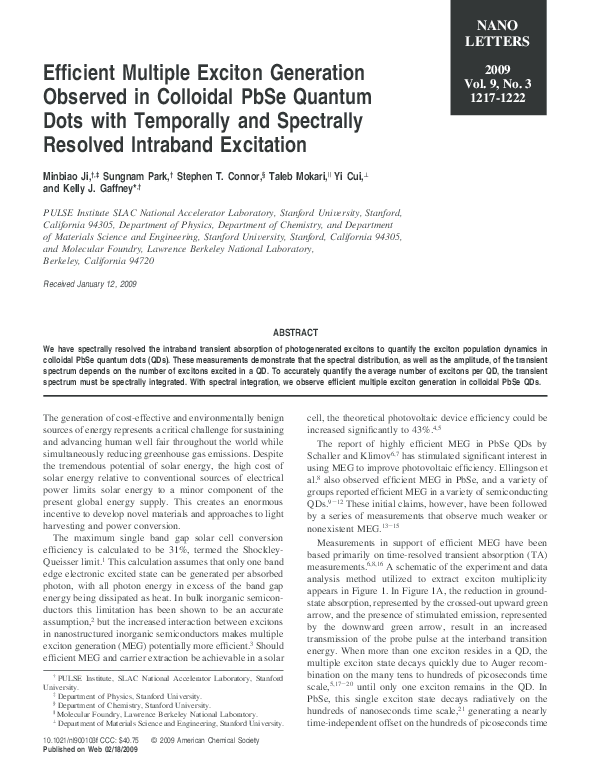 (PDF) Efficient Multiple Exciton Generation Observed in Colloidal PbSe ...