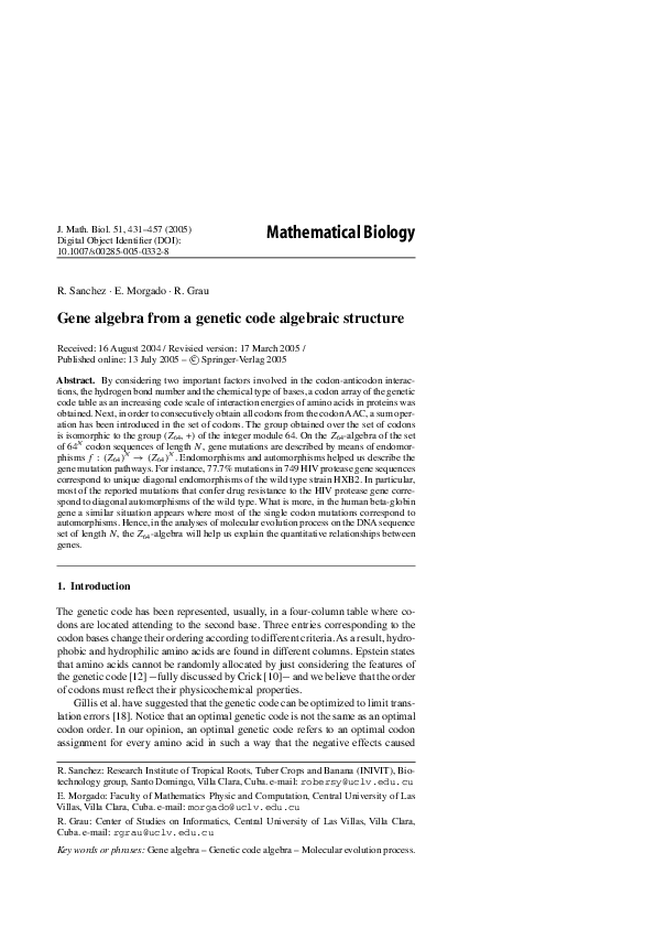 (PDF) Gene algebra from a genetic code algebraic structure