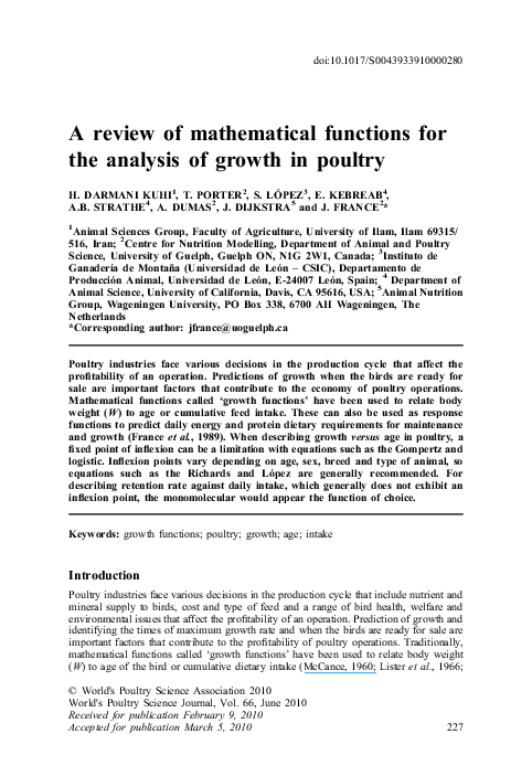 (PDF) A review of mathematical functions for the analysis of growth in poultry
