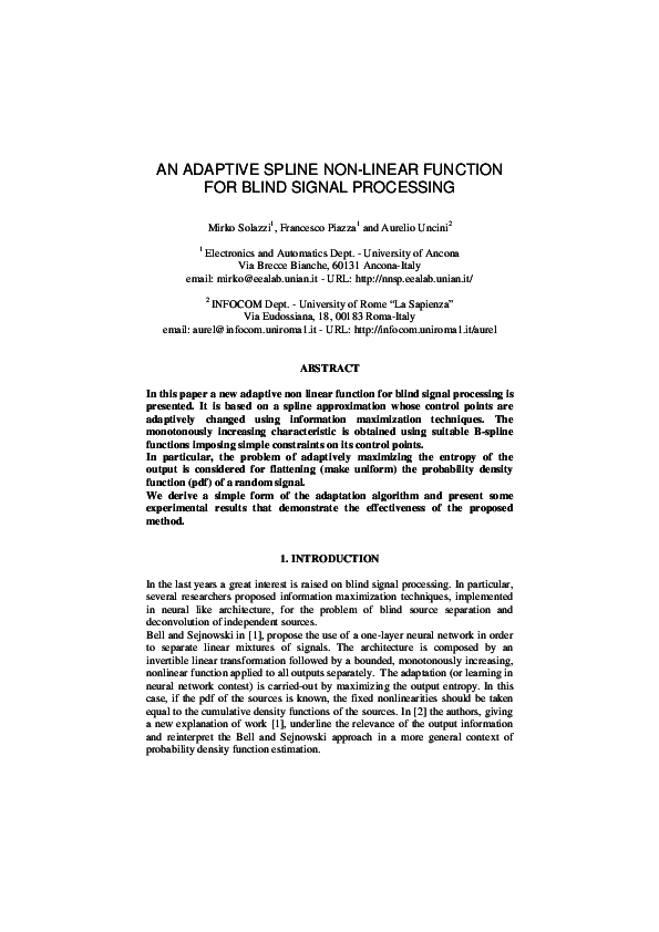 (PDF) Adaptive spline non-linear function for blind signal processing