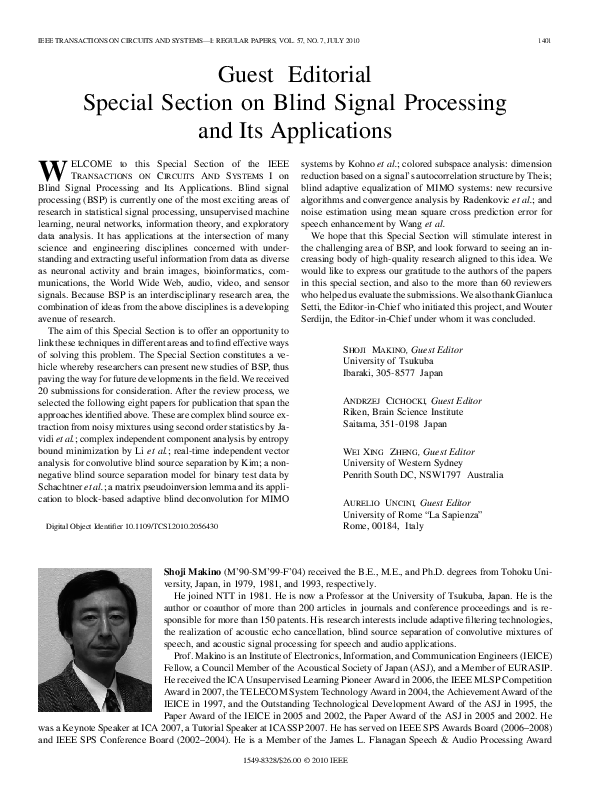 (PDF) Guest Editorial Special Section on Blind Signal Processing and Its Applications