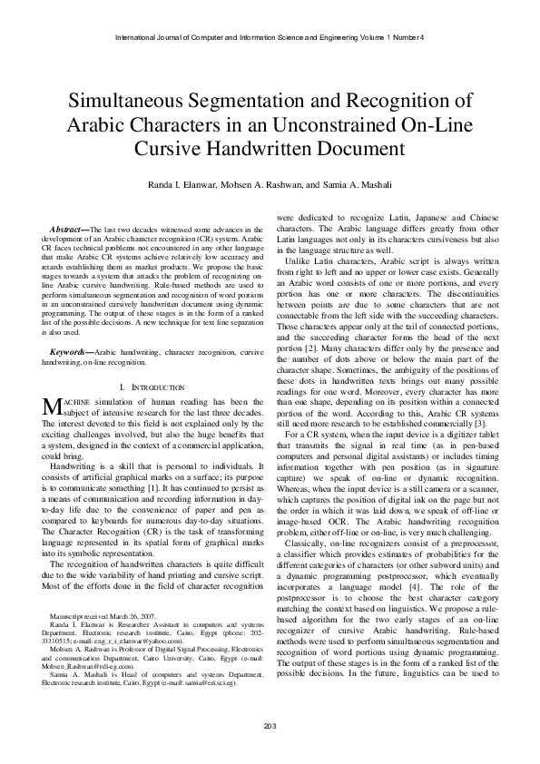 (PDF) Simultaneous Segmentation and Recognition of Arabic Characters in an Unconstrained On-Line ...