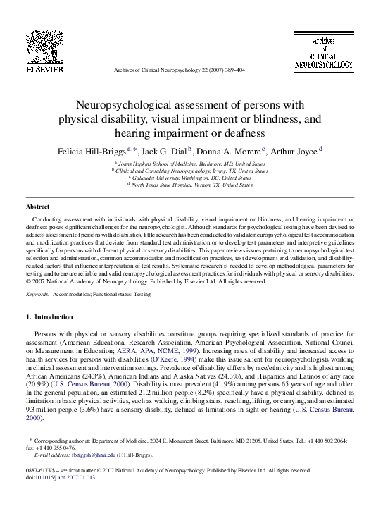 (PDF) Neuropsychological assessment of persons with physical disability, visual impairment or ...