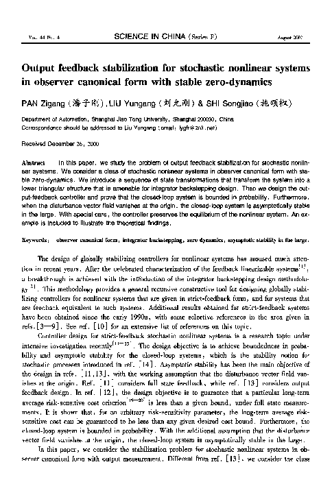 (PDF) Output feedback stabilization for stochastic nonlinear systems in observer canonical form ...