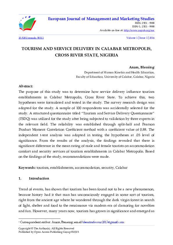 (PDF) TOURISM AND SERVICE DELIVERY IN CALABAR METROPOLIS, CROSS RIVER ...