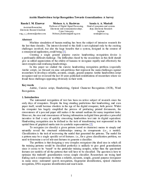 Pdf Arabic Handwritten Script Recognition Towards Generalization A