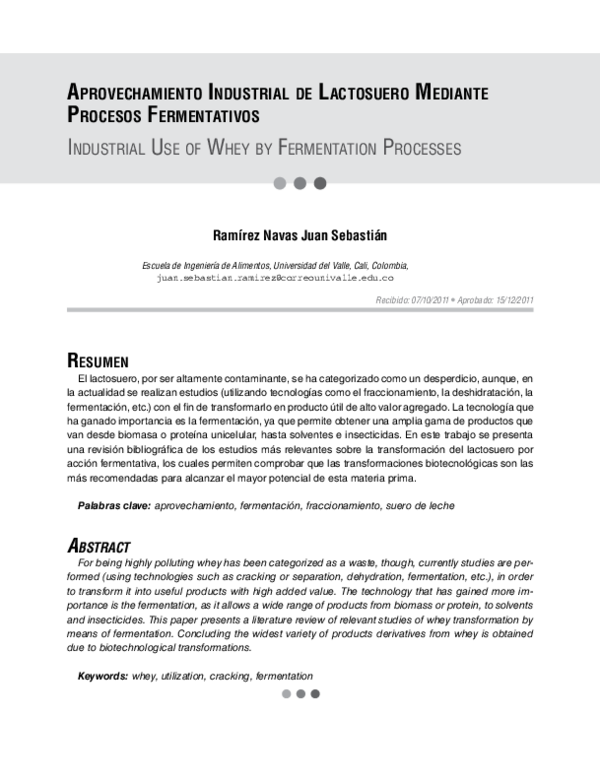 (PDF) Aprovechamiento industrial de lactosuero mediante procesos fermentativos IndustrIal / use ...
