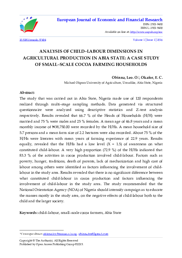 (PDF) ANALYSIS OF CHILD–LABOUR DIMENSIONS IN AGRICULTURAL PRODUCTION IN ...