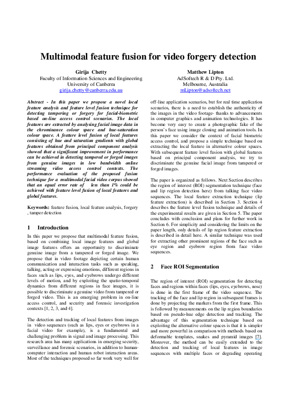 (PDF) Multimodal feature fusion for video forgery detection