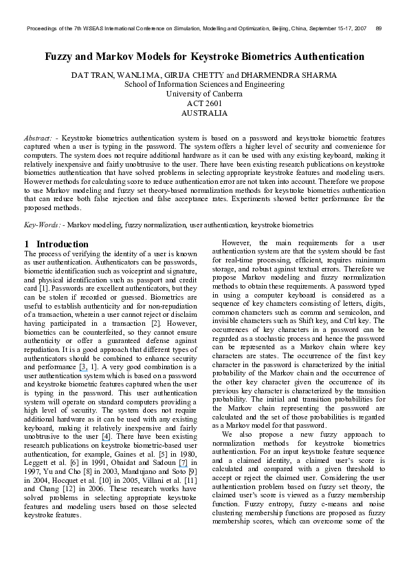 (PDF) Fuzzy and Markov models for keystroke biometrics authentication