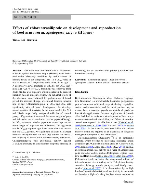 (PDF) Effects of chlorantraniliprole on development and reproduction of beet armyworm ...