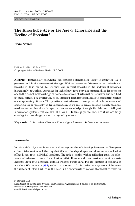 (PDF) The Knowledge Age or the Age of Ignorance and the Decline of Freedom