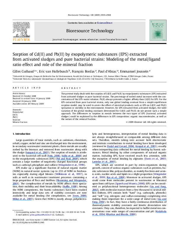 (PDF) Sorption of Cd(II) and Pb(II) by exopolymeric substances (EPS ...