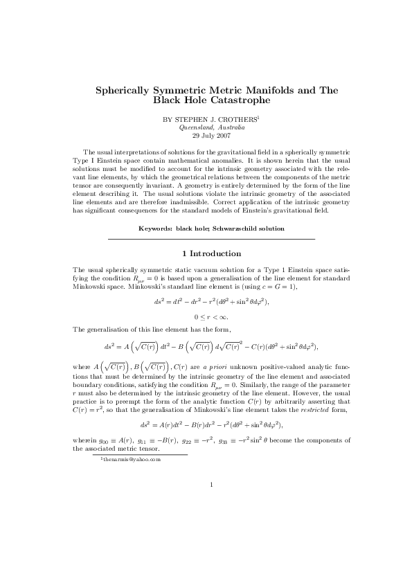 (PDF) Spherically Symmetric Metric Manifolds and The Black Hole Catastrophe