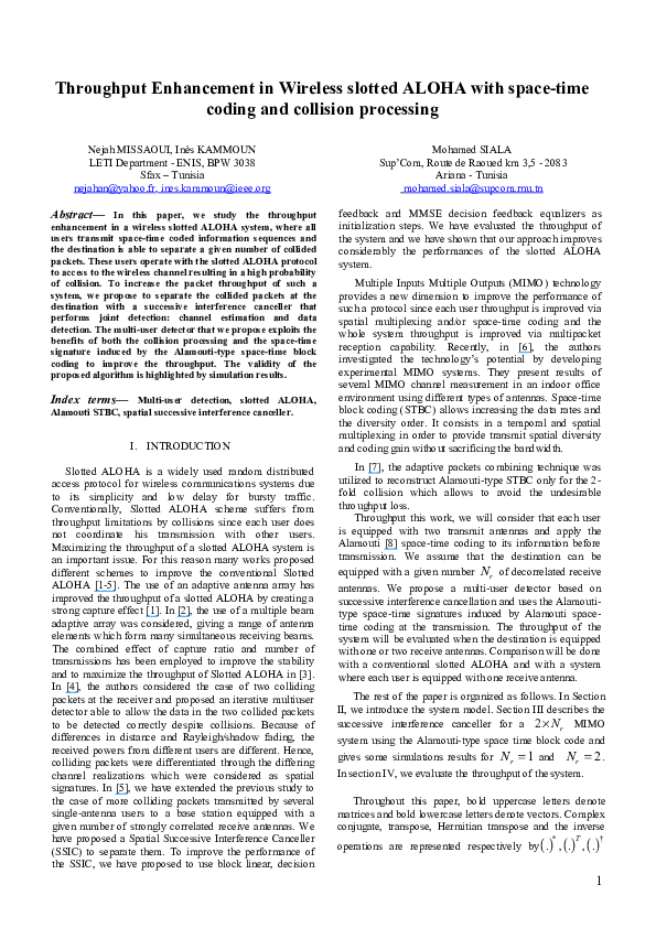 Pdf Throughput Enhancement In Wireless Slotted Aloha With Space Time Coding And Collision