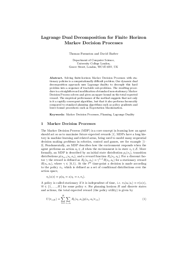 (PDF) Lagrange Dual Decomposition for Finite Horizon Markov Decision Processes