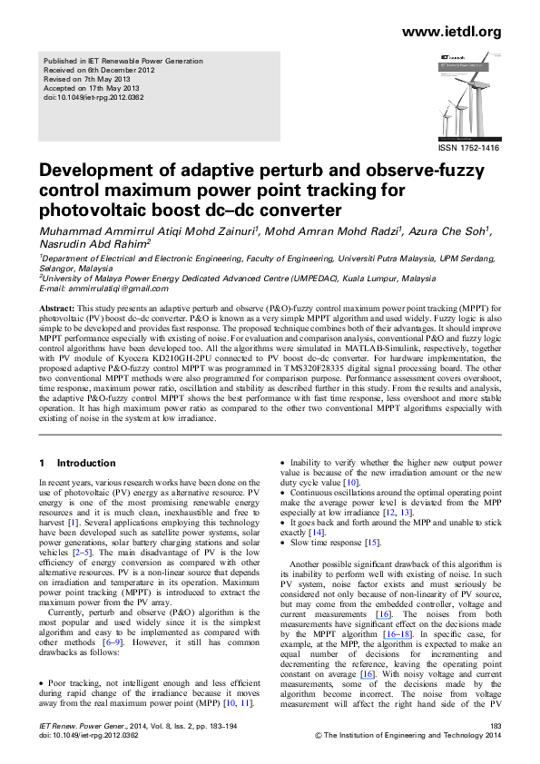 (PDF) Development of adaptive perturb and observe-fuzzy control maximum power point tracking for ...