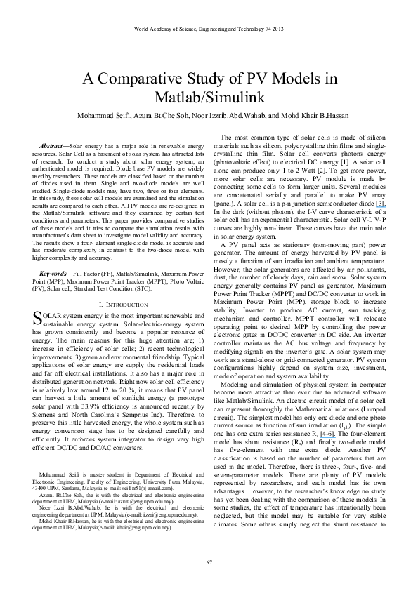 (PDF) A Comparative Study of PV Models in Matlab/Simulink