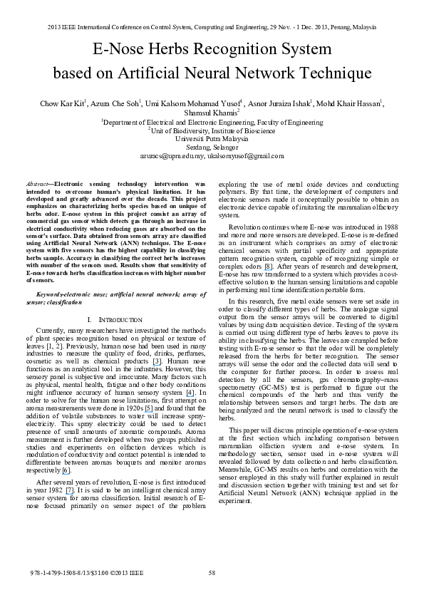 Pdf E Nose Herbs Recognition System Based On Artificial Neural Network Technique