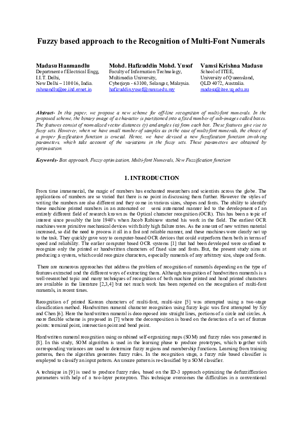 (PDF) Fuzzy Based Approach to the Recognition of Multi-Font Numerals