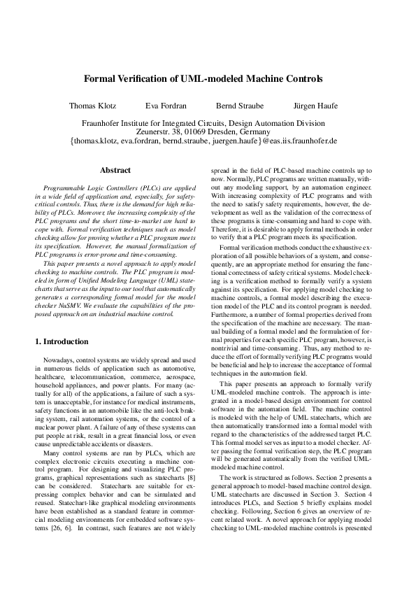 Pdf Formal Verification Of Uml Modeled Machine Controls
