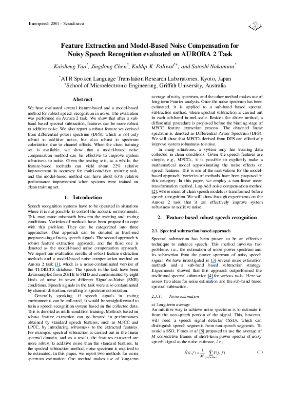 Pdf Feature Extraction And Model Based Noise Compensation For Noisy