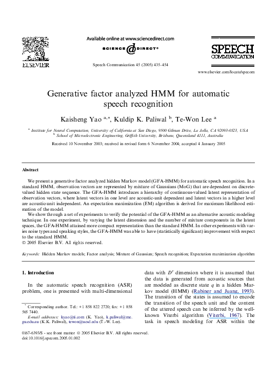 (PDF) Generative factor analyzed HMM for automatic speech recognition