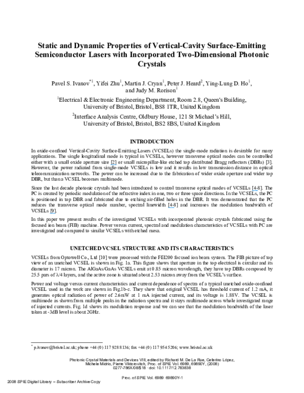 (PDF) High Modulation Bandwidth Implant-Confined Photonic Crystal Vertical-Cavity Surface ...