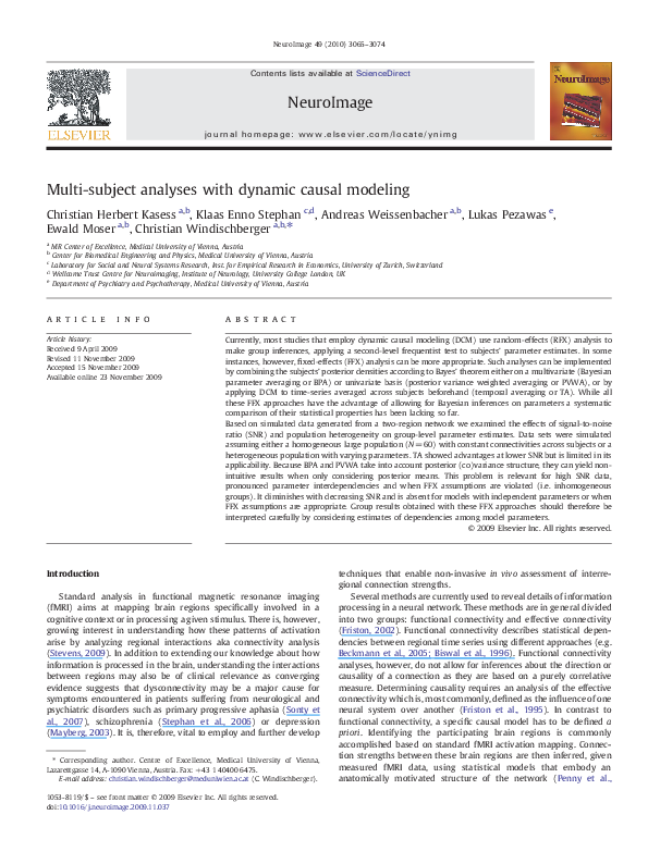 Pdf Multi Subject Analyses With Dynamic Causal Modeling