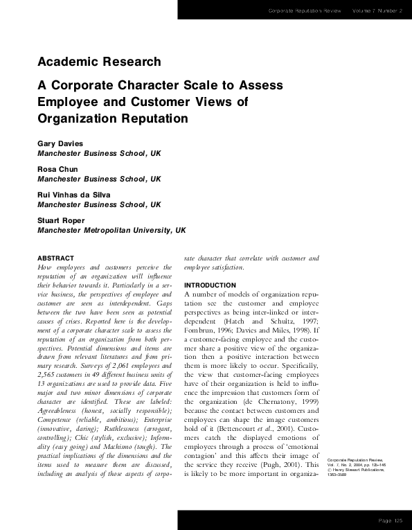(PDF) A Corporate Character Scale to Assess Employee and Customer Views ...