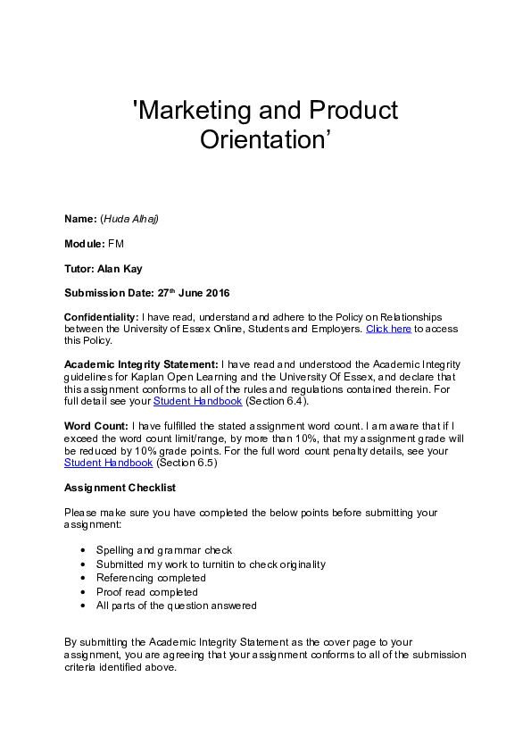 (DOC) 'Marketing and Product Orientation'