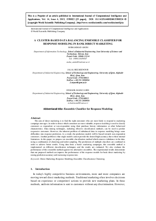 Pdf A Cluster Based Data Balancing Ensemble Classifier For Response Modeling In Bank Direct